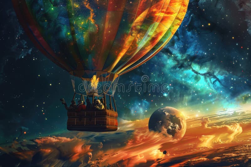 Hot Air Balloon Journey Against A Backdrop Of Earth And A Cosmic Starry
