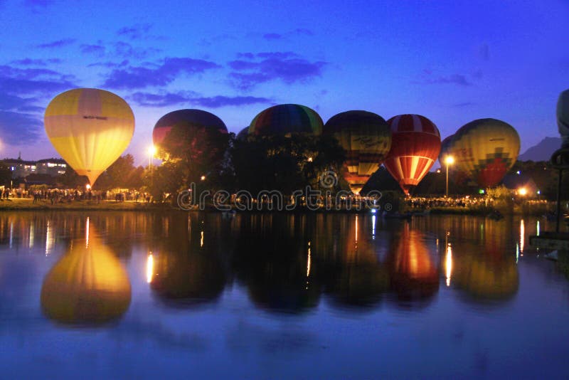 Hot Air Balloon Over Evening Summer Lake Editorial Photography - Image ...