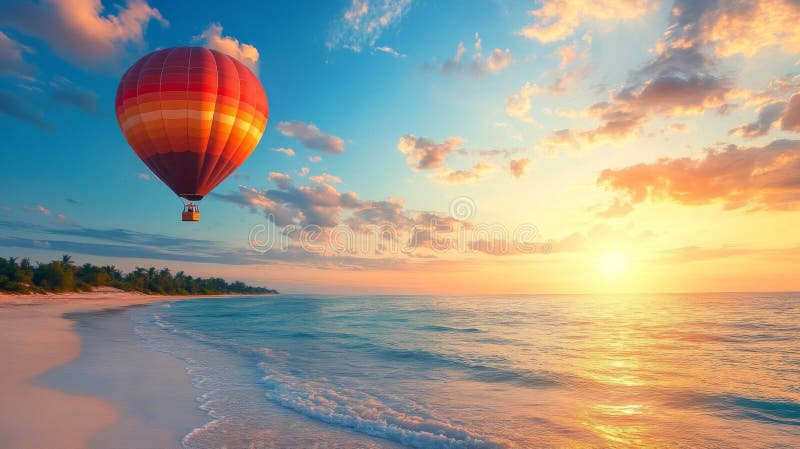 Hot Air Balloon Over Tropical Beach at Sunrise Stock Illustration ...