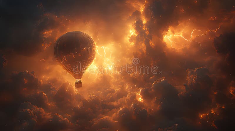 Hot Air Balloon Soaring through Dramatic, Stormy Clouds with Lightning ...