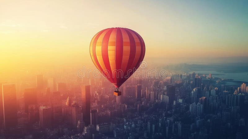 Hot Air Balloon Soaring Over City Skyline Sunset Stock Photos - Free ...