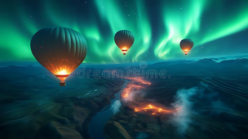 Hot Air Balloons Aurora Borealis Night Landscape Flight Stock ...