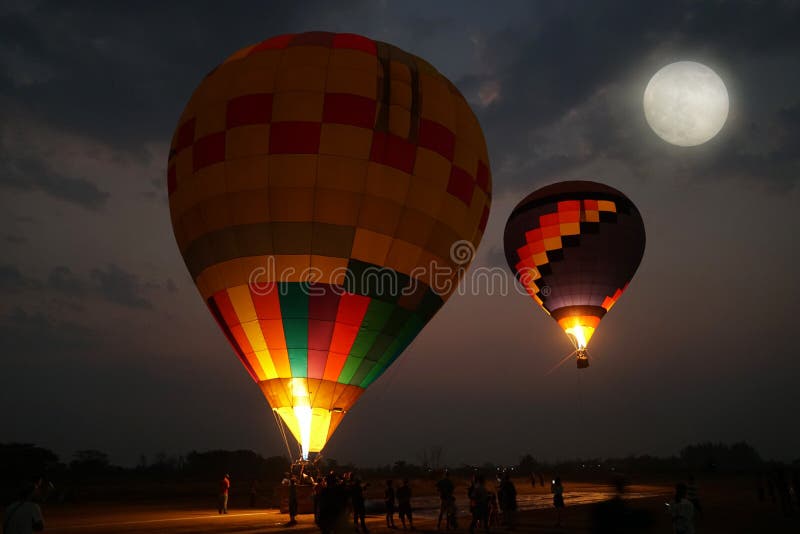 Hot Air Balloons with Moon in the Night. Stock Photo - Image of leisure ...