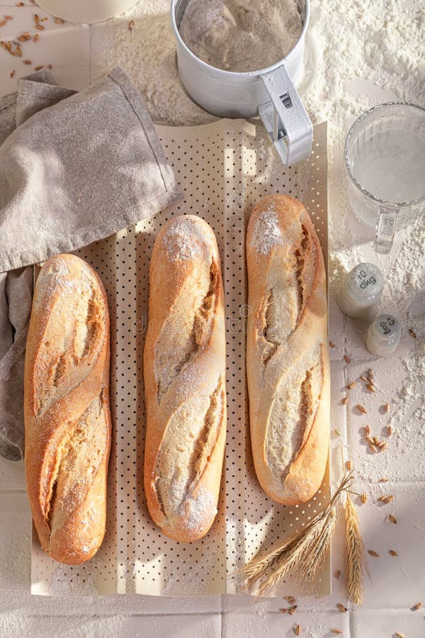 Hot Baguettes in a Rustic Home Bakery Stock Image - Image of food, seed ...