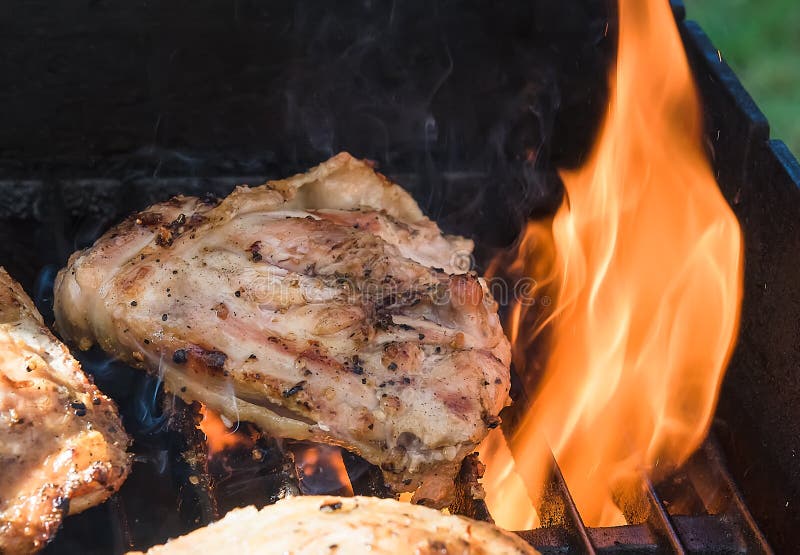 Hot Barbeque Chicken in the Fire on the Barbque Stock Image - Image of ...