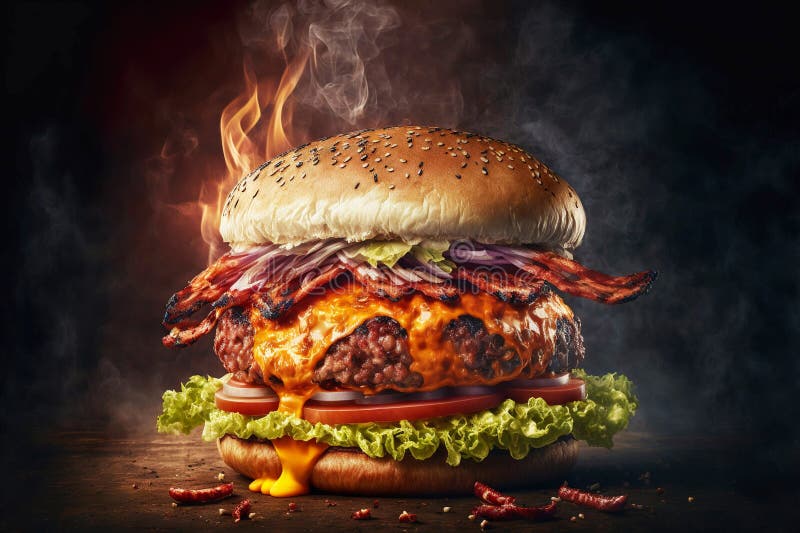 Hot BBQ Burger Cooked on Grilled Fire with Fragrant Smoke Stock ...