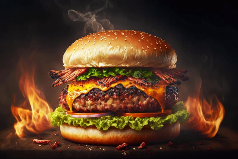 Hot BBQ Burger Cooked on Grilled Fire with Fragrant Smoke Stock ...