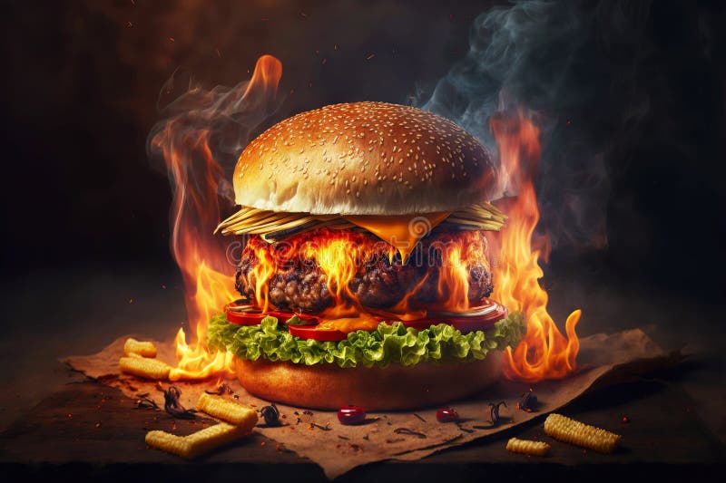 Hot BBQ Hamburger with Juicy Beef Burger Cooked on Fire on Grill Stock ...
