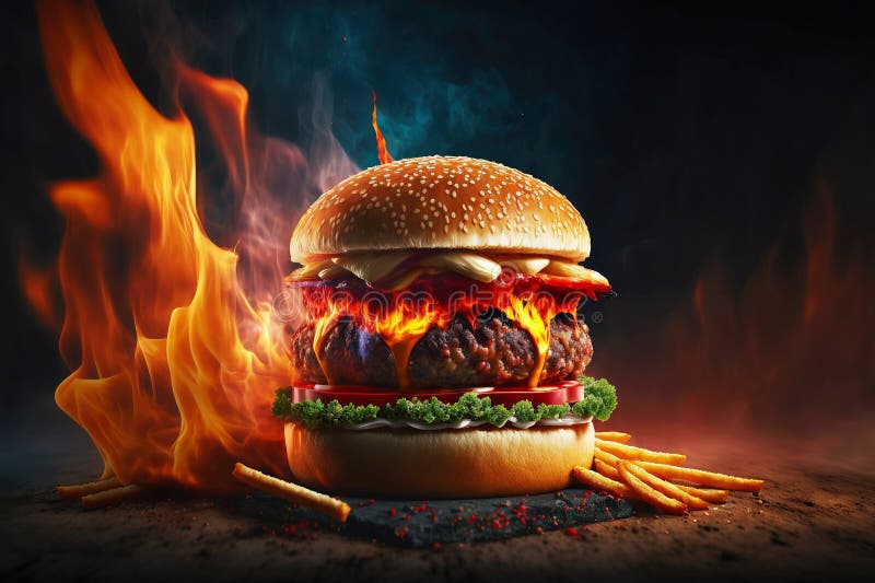 Hot BBQ Hamburger with Juicy Beef Burger Cooked on Fire on Grill Stock ...