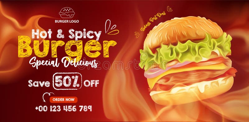 Hot Burger Banner Ads with Burning Fire Stock Vector - Illustration of ...