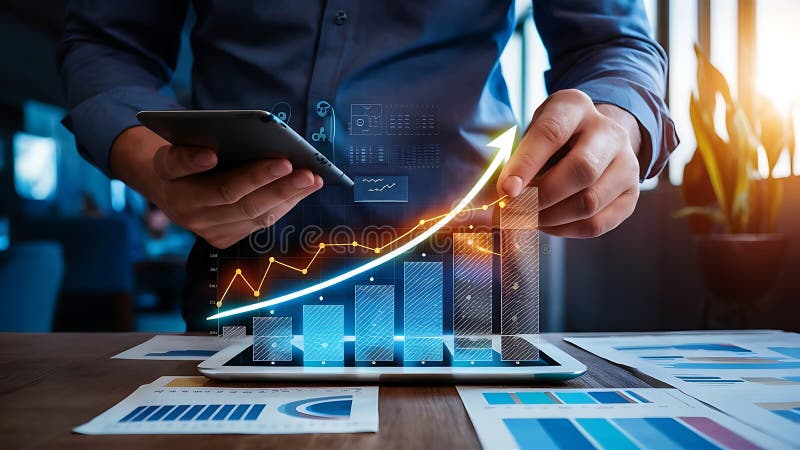 Hot Business Growth. Businessman Using Tablet Analyzing Sales Data and ...