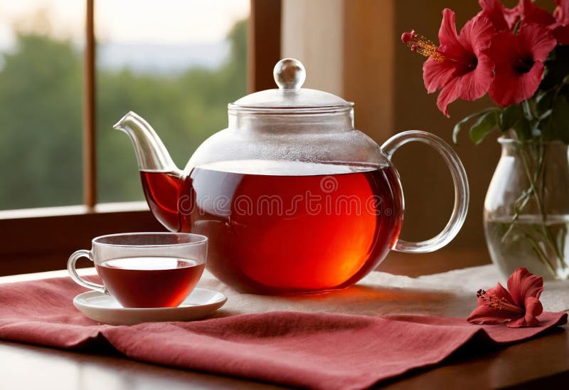 Hot Carcade Tea in a Clear Teapot, on the Table Stock Illustration ...