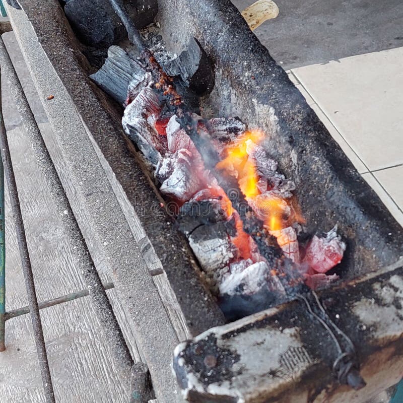 Grill Pit with Flaming Charcoal. BBQ Hot Grill with Stainless Steel ...