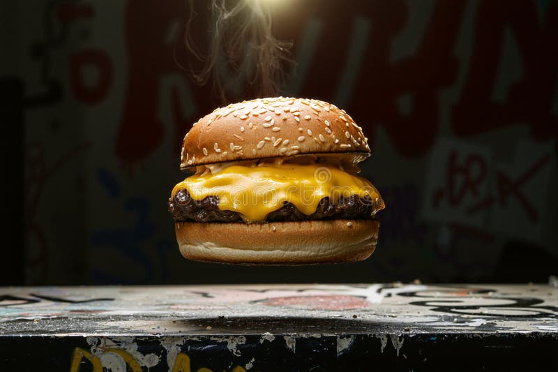 Hot Cheeseburger Floating Over Graffiti Background, Steaming Patty with ...