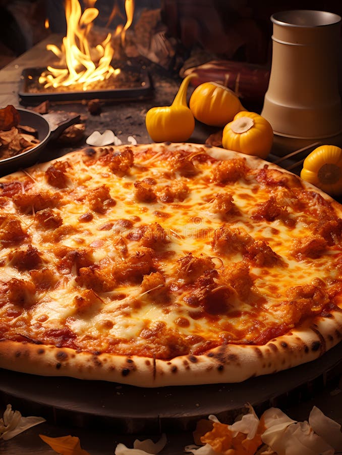 Hot Cheesy Pizza, a Pizza with a Fire and Vegetables Stock Illustration ...