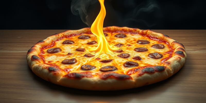 A Hot and Cheesy Pizza with a Flame Coming Out of it Stock Illustration ...