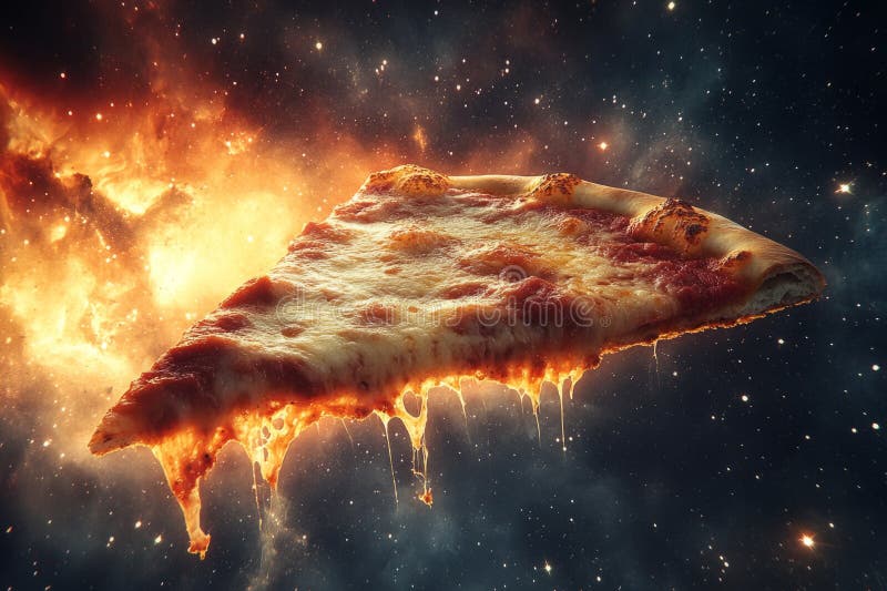 Hot Cheesy Pizza Slice Floating in Starry Outer Space with Melted ...