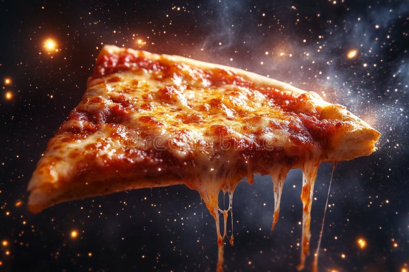 Hot Cheesy Pizza Slice Floating in Starry Outer Space with Melted ...