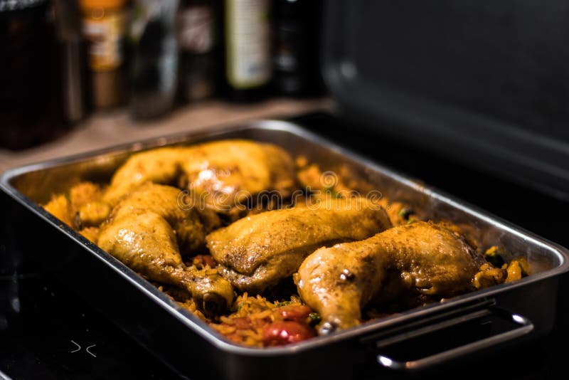 Hot Chicken from the Oven on a Metal Plate Stock Photo - Image of meal ...