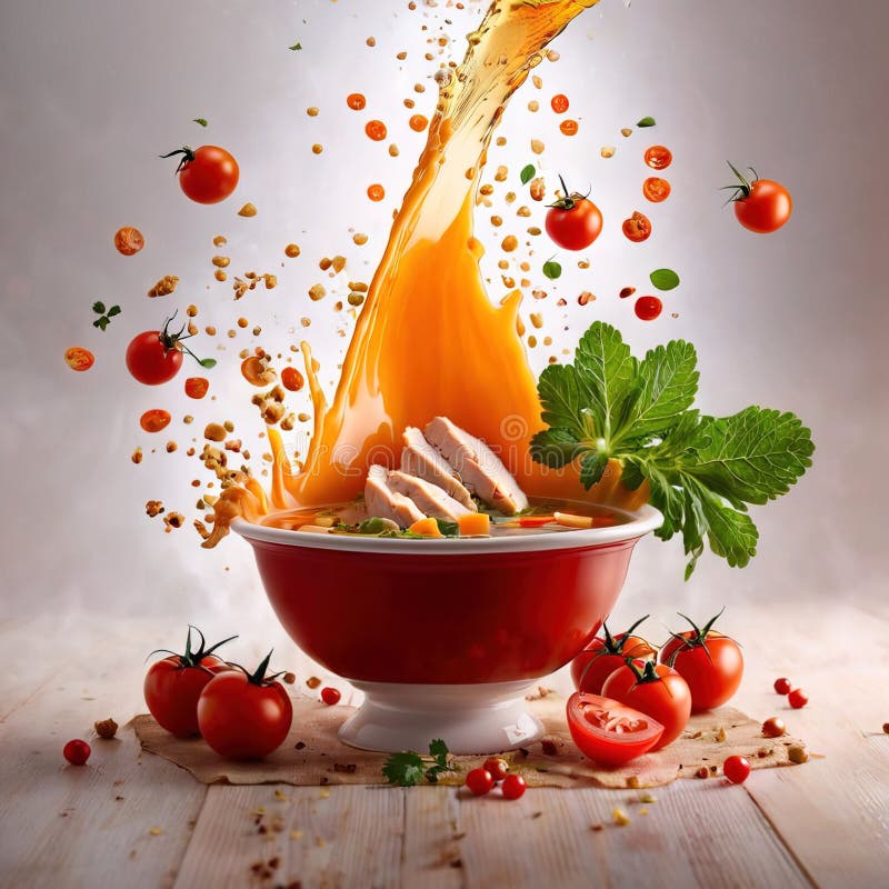 Hot Chicken and Vegetable Soup with Dynamic Splash Effect Stock ...