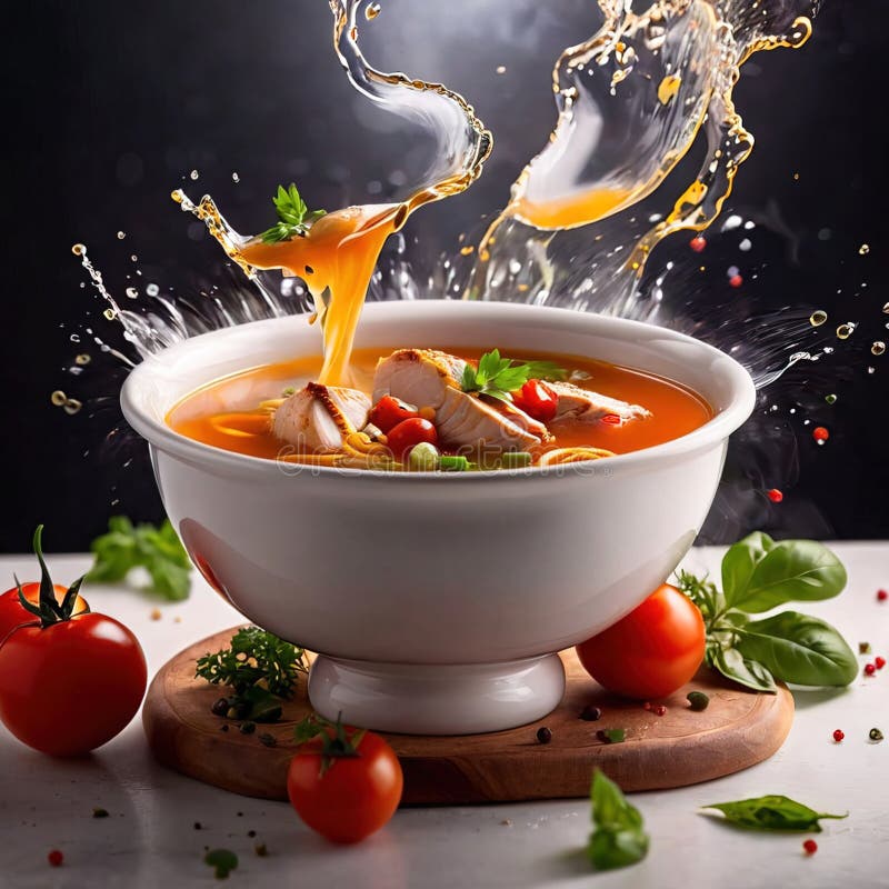 Hot Chicken and Vegetable Soup with Dynamic Splash Effect Stock ...