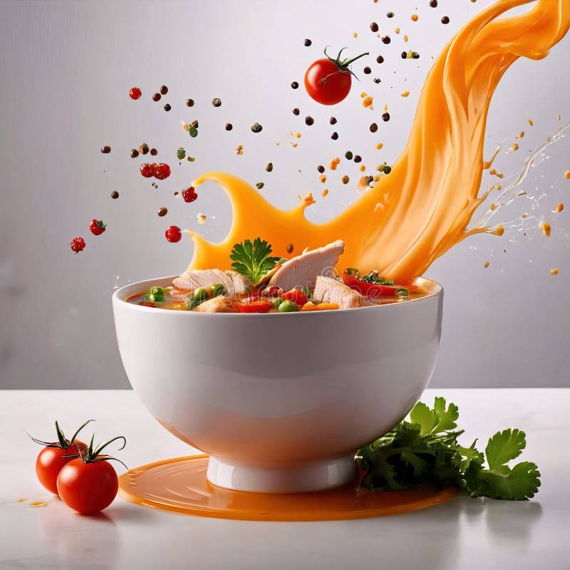 Hot Chicken and Vegetable Soup with Dynamic Splash Effect Stock ...