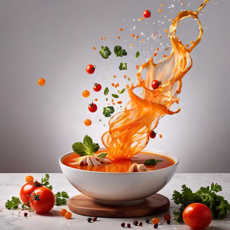 Hot Chicken and Vegetable Soup with Dynamic Splash Effect Stock ...