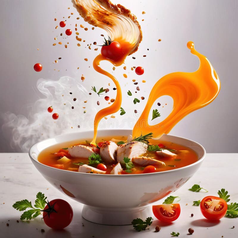 Hot Chicken and Vegetable Soup with Dynamic Splash Effect Stock ...