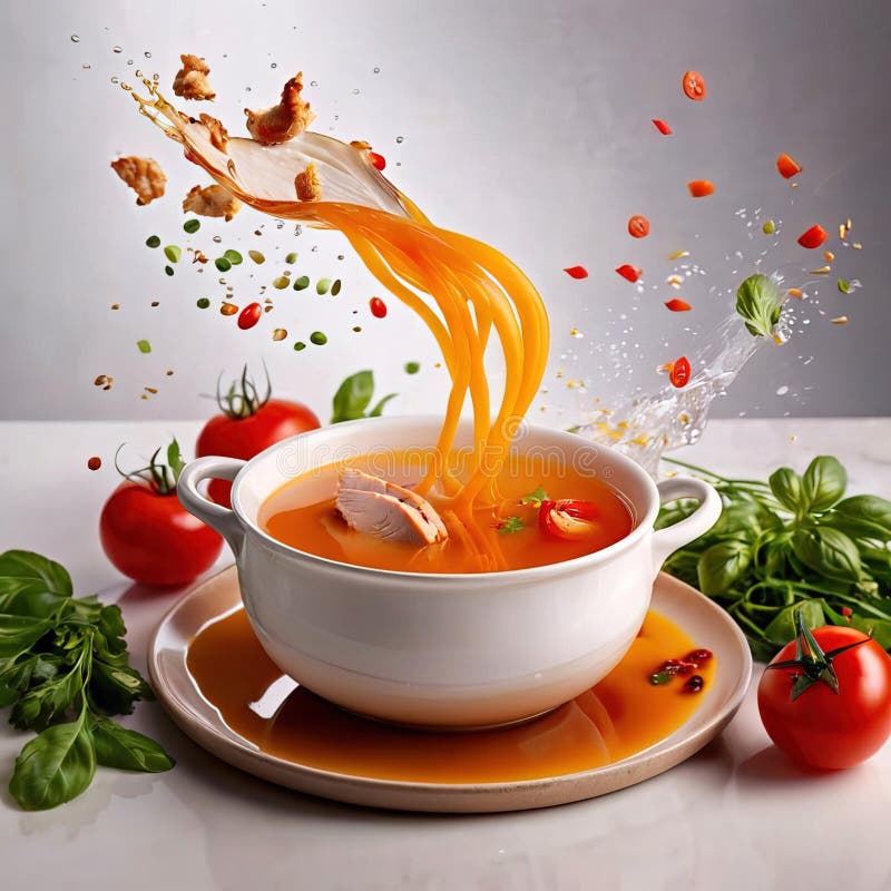 Hot Chicken and Vegetable Soup with Dynamic Splash Effect Stock ...