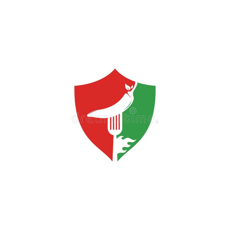 Hot Chili with Fork Shield Shape Concept Logo Design. Stock Vector ...