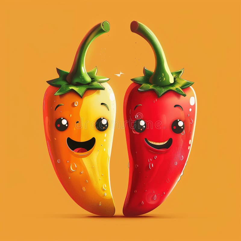 Hot Chili Peppers with Smiley Faces Isolated on Orange Background ...