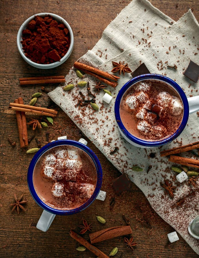 Hot Chocolate, Cocoa with Spice and Marshmallow in Rustic Cups. Stock ...