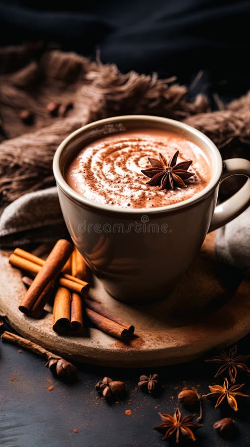 Hot Chocolate with Cream, Cinnamon, Chocolate Pieces and Various Spices ...