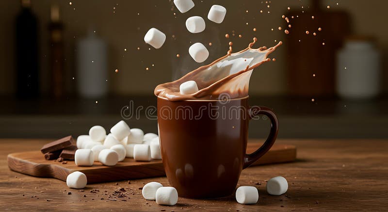 Hot Chocolate Delight: Marshmallows Splash in a Rustic Mug Stock Photo ...