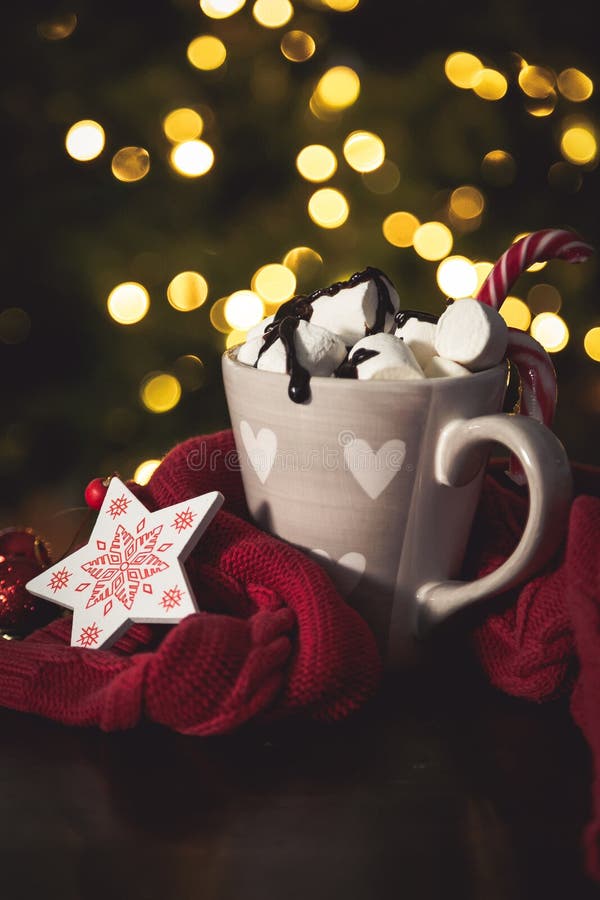 Hot Chocolate with Marshmallow in Front of Christmas Tree Stock Image ...