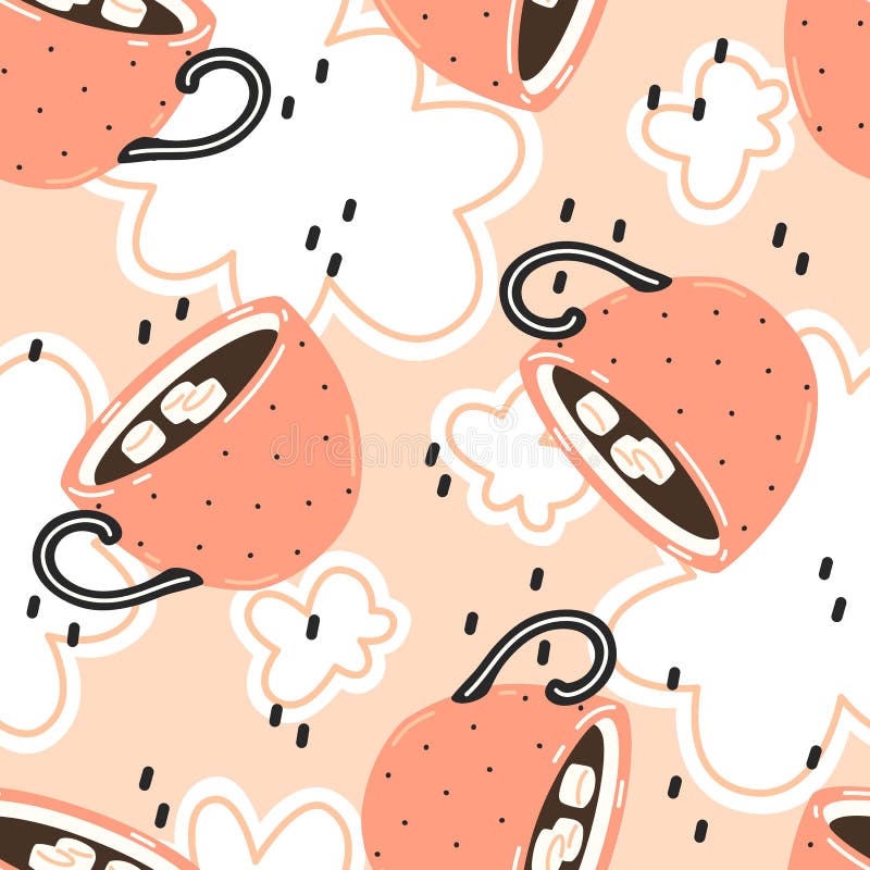 Hot Chocolate with Marshmallows in Pink Cups. Vector Seamless Pattern ...