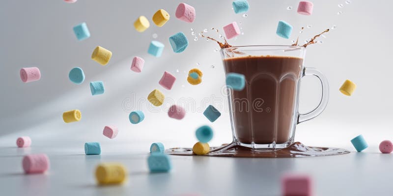Hot Chocolate with Mini Colorful Marshmallows Splashing in a Glass ...