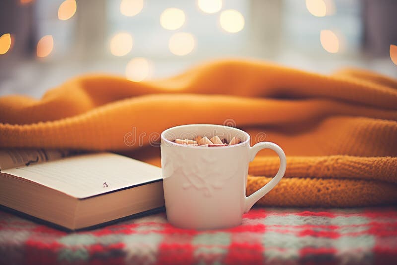 Hot Chocolate Mug on Open Book, Cozy Blanket Background Stock Image ...