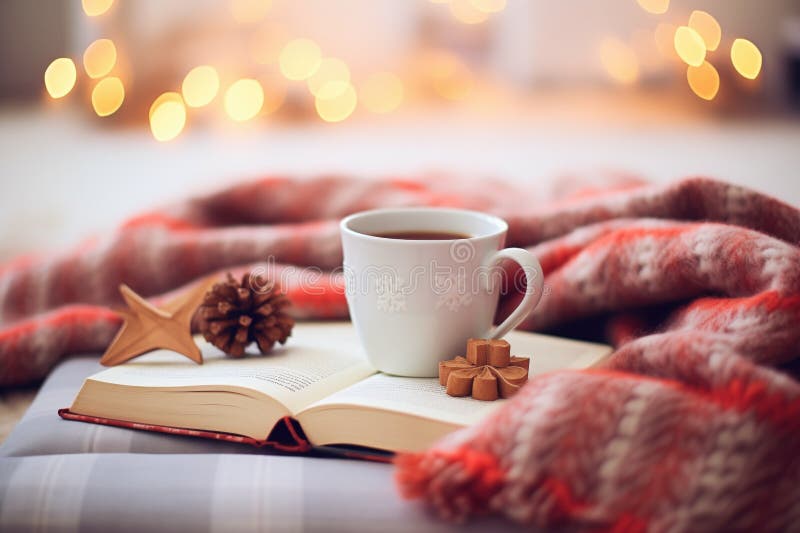 Hot Chocolate Mug on Open Book, Cozy Blanket Background Stock Photo ...