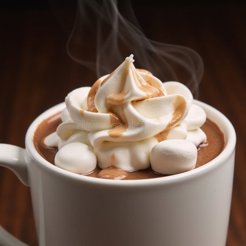 Hot Chocolate with Whipped Cream and Marshmallows Steams Enticingly ...