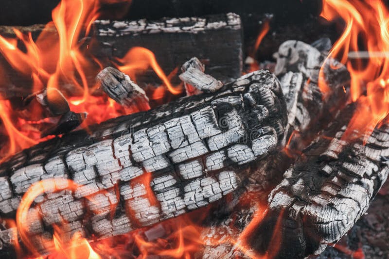 Hot Coals from Firewood in a Campfire with Flame. Stock Photo - Image ...