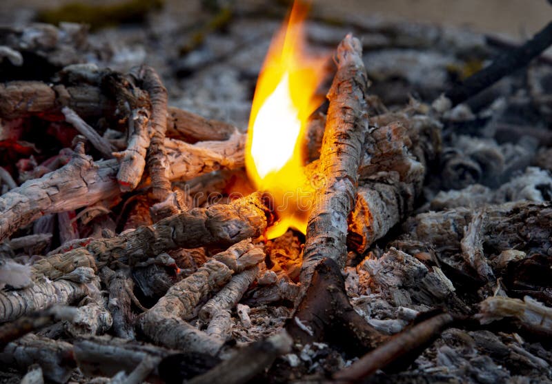 Hot Coals and Little Flames in a Dying Fire Stock Photo - Image of ...