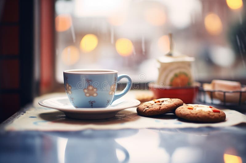 Hot Cocoa with Steam and a Cookie on Saucer Stock Image - Image of cozy ...