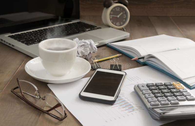 Hot Coffee with Computer Notebook Mobile Phone Stock Image - Image of ...