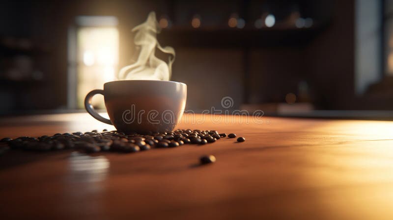 Hot Coffee Cup and Coffee Beans Roating on the Wooden Table. Generative ...
