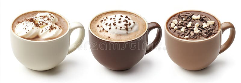 Hot Coffee Drinks with Different Toppings Isolated on White Background ...