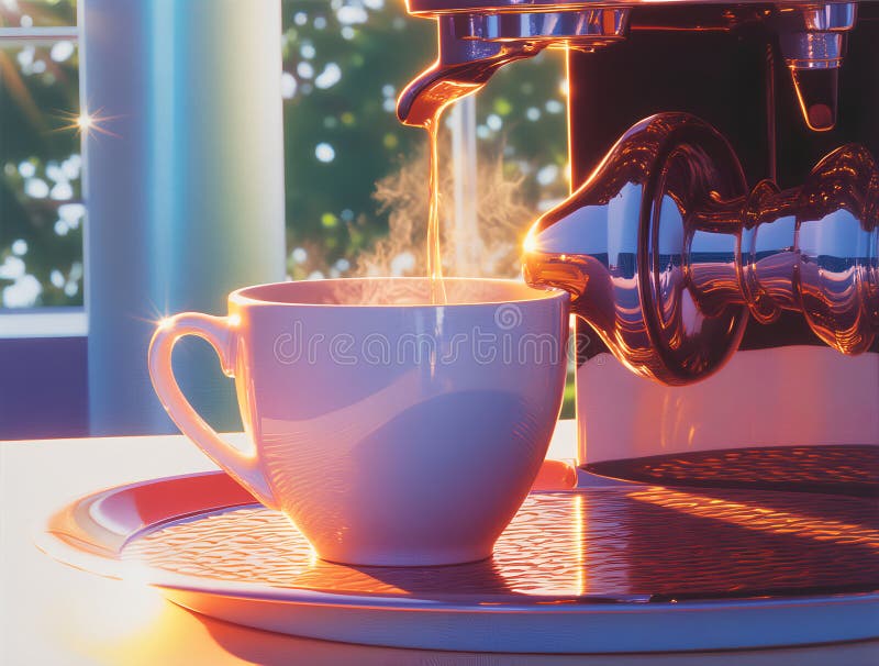 Hot Coffee Flows from an Espresso Machine into a White Cup, Creating a ...