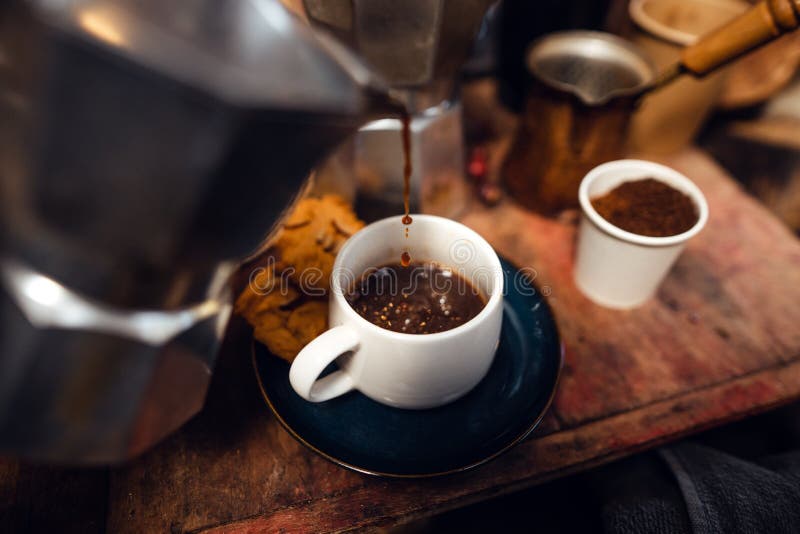 Hot Coffee from a Moka Pot in a Coffee Cup Stock Image - Image of ...