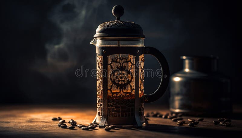 Hot Coffee in Old Fashioned Mug on Rustic Table Generated by AI Stock ...