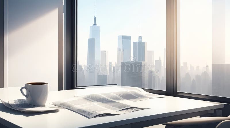 Hot Coffee and Open Newspaper in a Spacious White Environment. Stock ...